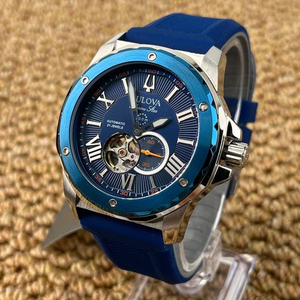 Bulova Marine Star Blue Dial Rubber Strap Stainless Steel Men's Watch ...