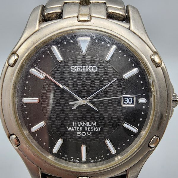 VTG Seiko Watch Men Titanium 36mm Gray Dial Date 7N32-0069 Round New ...