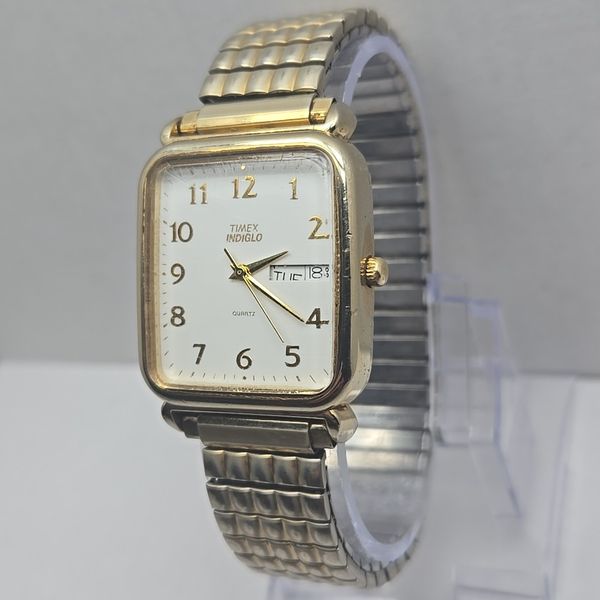 Men's Vintage Timex 30mm Tank Day Date Watch Gold Tone Stretch Band New ...