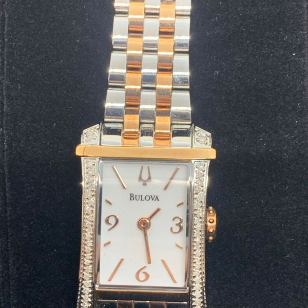 Bulova Analog Quartz Gold Silver Bracelet Band Rectangular Dial ...