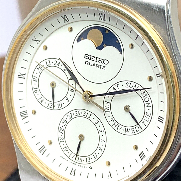 Seiko Men's Watch 7F39-6030 Vintage Quartz Day Date Moon Phase Two Tone ...