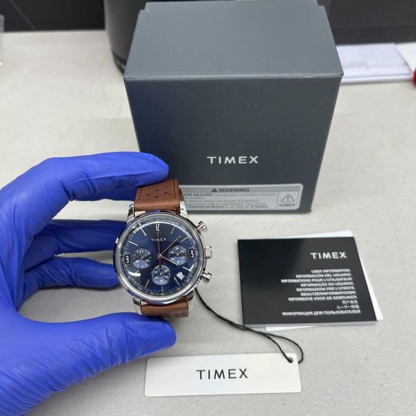Timex Marlin Chronograph Tachymeter brown leather blue dial 40mm TW2W10200 NEW | WatchCharts ...