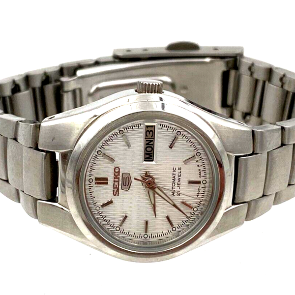Seiko 5 SYMC07 Women's Stainless Steel Day Date Silver Dial Automatic ...