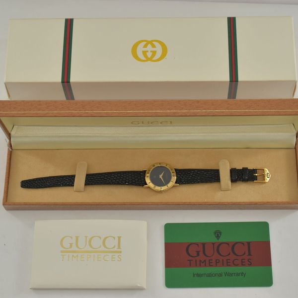 BOX New Batt. Vintage GUCCI 3000L Black Dial Gold Quartz Ladies Watch ...