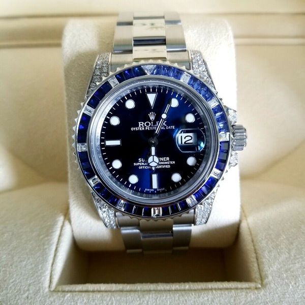 Rolex Submariner Date Men's Blue Dial Diamonds Sapphire Steel Watch ...
