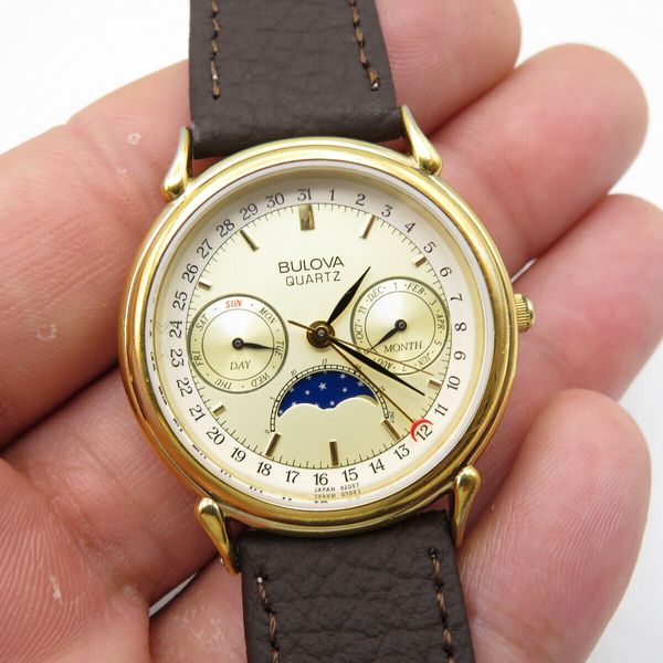 Mens Bulova multifunction moonphase 92d57 gold tone wrist watch ...