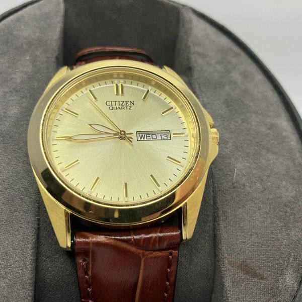 Vintage Citizen Men's Day Date Gold Plated Quartz Watch Brown Leather ...