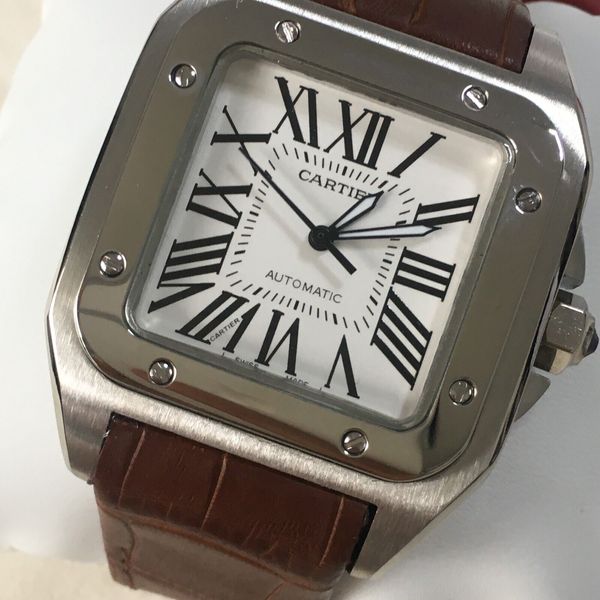 Authentic Cartier Watch White Square Plate Brown Strap Mechanical ...