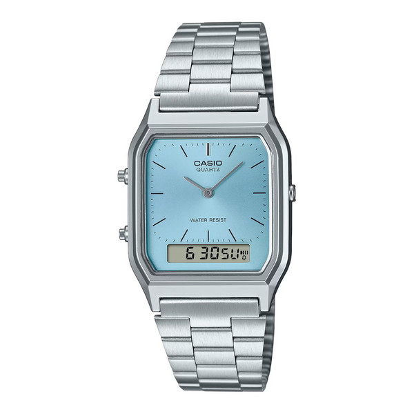 CASIO AQ-230A-2A1 Retro Vintage Blue Dual time Stainless Steel Band ...