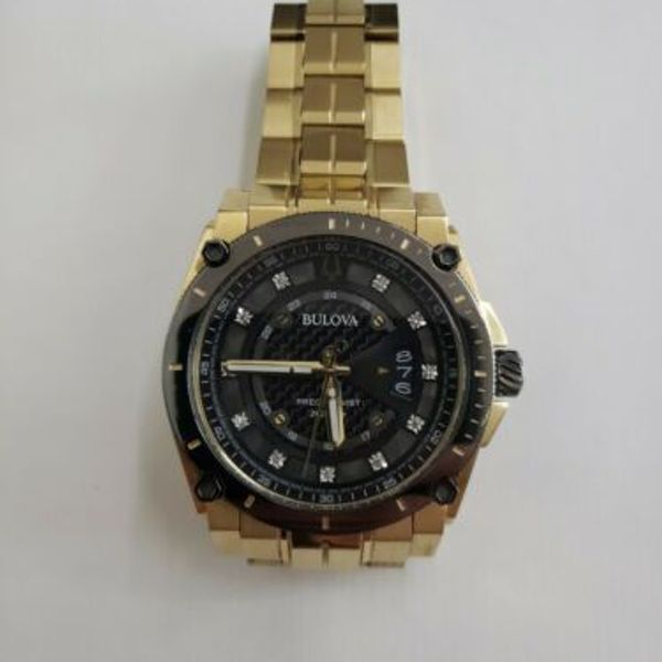 GOLDEN BULOVA PRECISIONIST QUARTZ DIAMOND BLACK DIAL MEN'S WATCH 98D156 ...