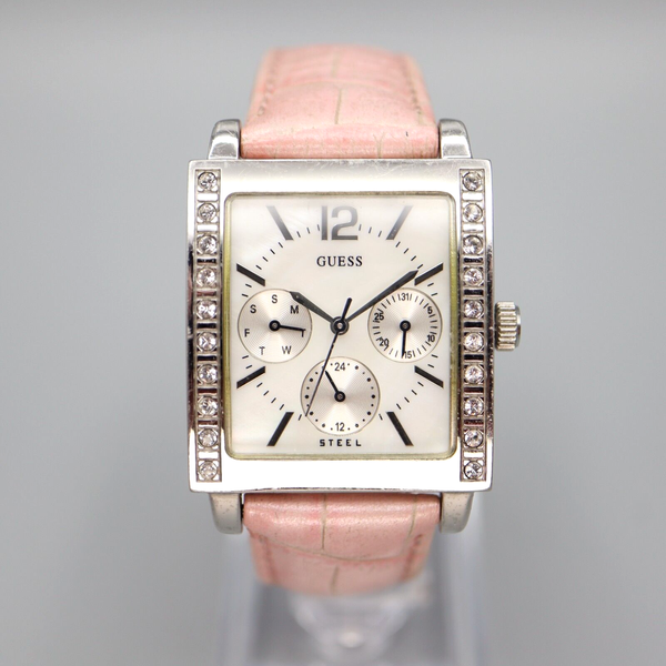 GUESS Ladies Watch Rectangle Silver Tone Jewel Bezel Pink Leather w New ...