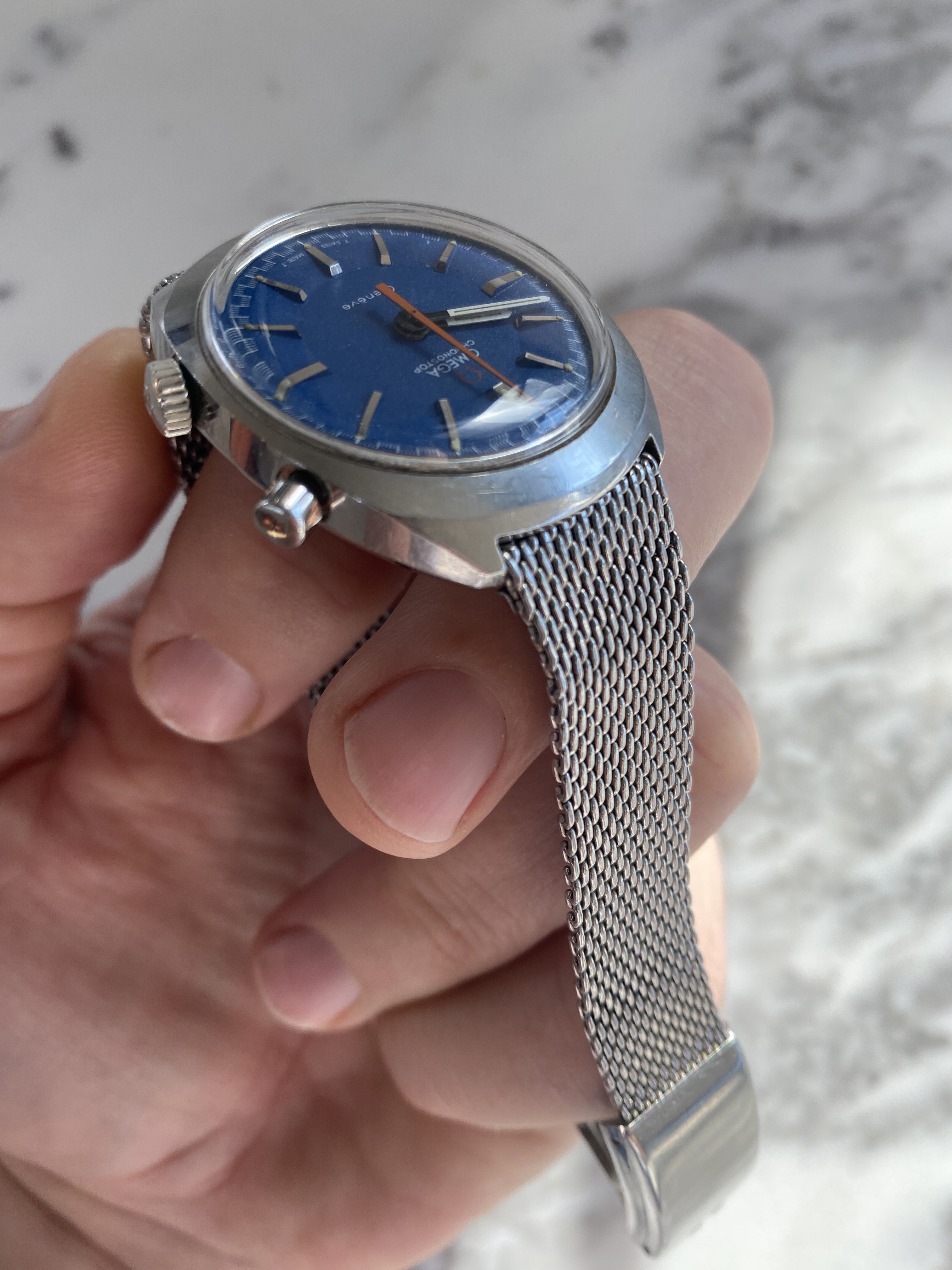FS Omega Chronostop Blue Dial Milanese Mesh Bracelet | WatchCharts ...