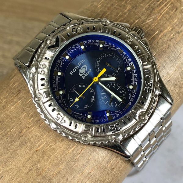 Fossil Men BQ-8779 Blue Dial Multifunction Silver Tone 40mm Quartz ...