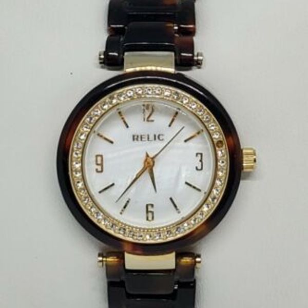 Ladies Relic by Fossil Gold Tone Tortoise Band Sparkly MoP Dial Analog ...