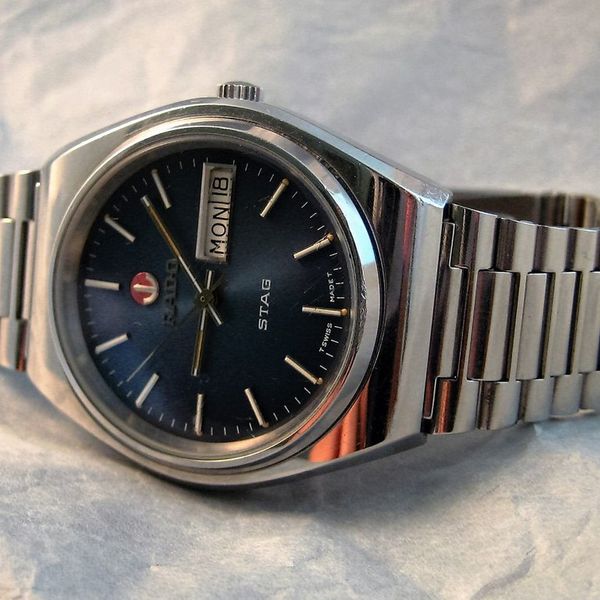 FS vintage Rado Stag automatic, SST, blue dial, day-date, tonneau with ...