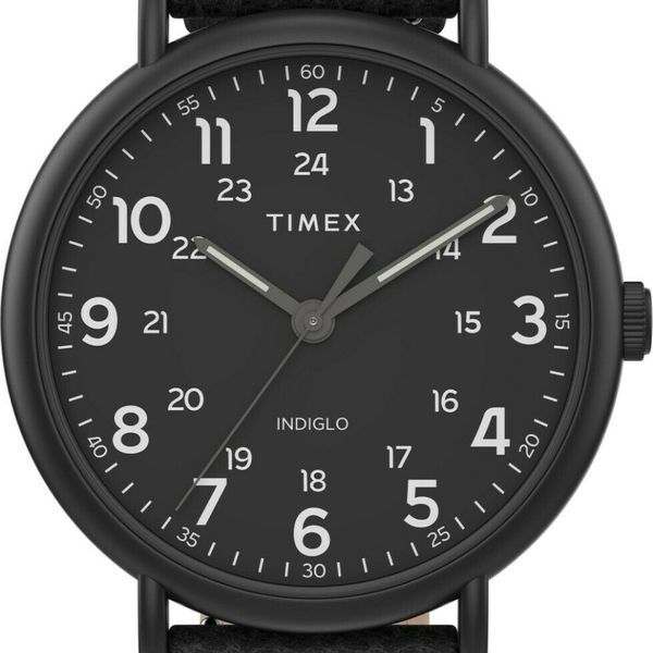 Timex TW2T73400, Men's XL Weekender Black Leather Watch, Indiglo, 43MM ...