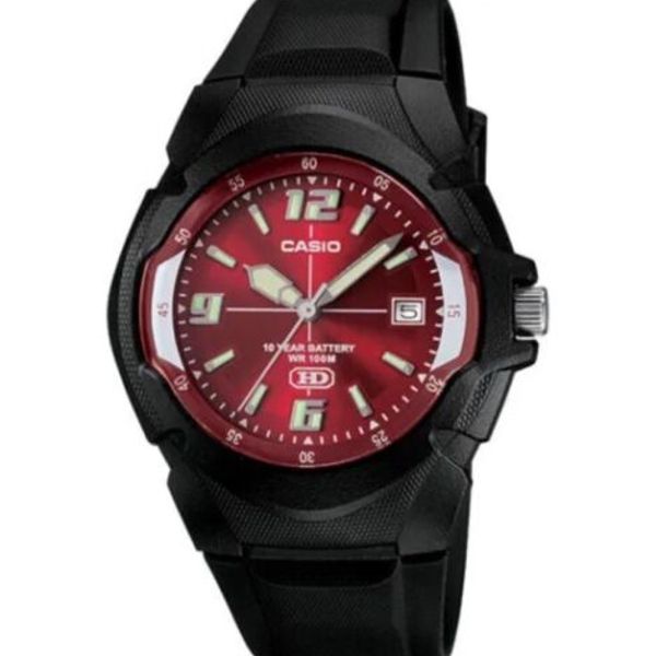 Casio MW600F-4AV, 10 Year Battery Watch, Red Dial, 100 Meter WR, Date ...