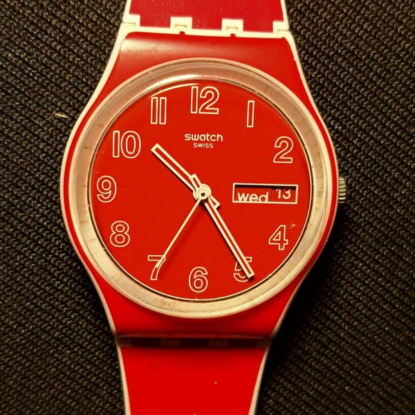 Unisex Red And White Swatch Watch With Date and Day | WatchCharts ...