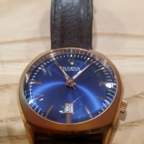 Bulova Accutron II Men's Watch 97B133 Blue Dial Leather Date Rose Gold ...