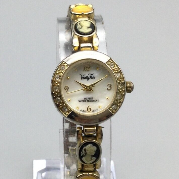Vanity Fair Watch Women 22mm Gold Tone MOP Bling Cameo Band New Battery ...
