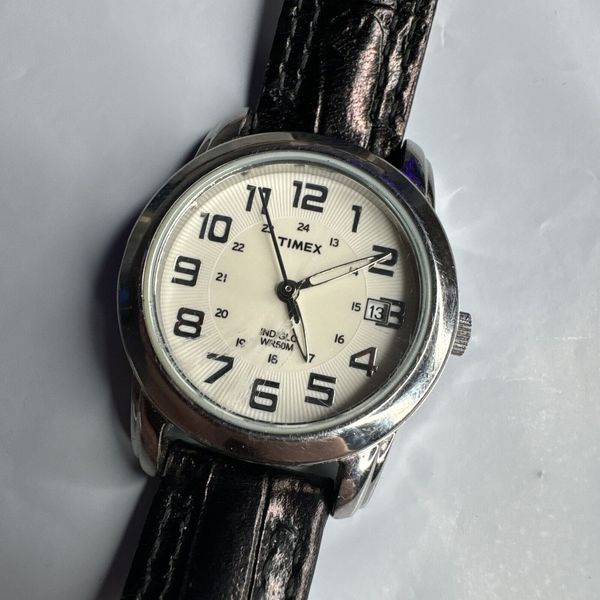 Timex Indiglo Womenâ s Watch Date Silvertone Cream Dial Black Band 28mm ...