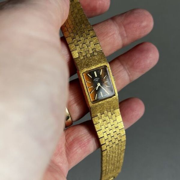 Vintage 1970's Rotary Tiger Eye Dial Gold Bark Effect Ladies Tank Watch ...