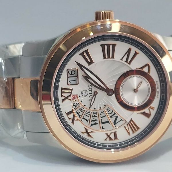 TALOS MEN'S WATCH DAY/DATE ASYMMETRICAL DIAL TWO TONES STAINLESS STEEL ...
