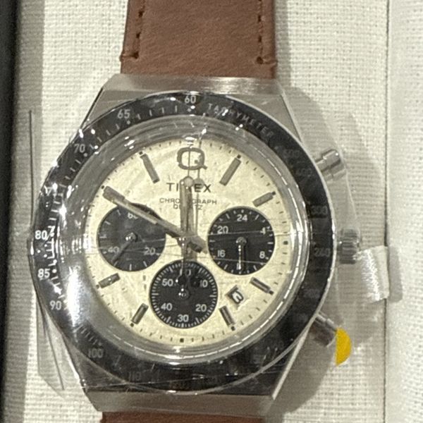 Timex Men's Watch Q Chronograph Rotating Bezel Cream and Black Dial ...