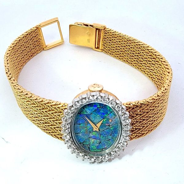 OMEGA OPAL DIAL DIAMOND BEZEL 14K GOLD MECHANICAL LADY'S BRACELET WATCH ...