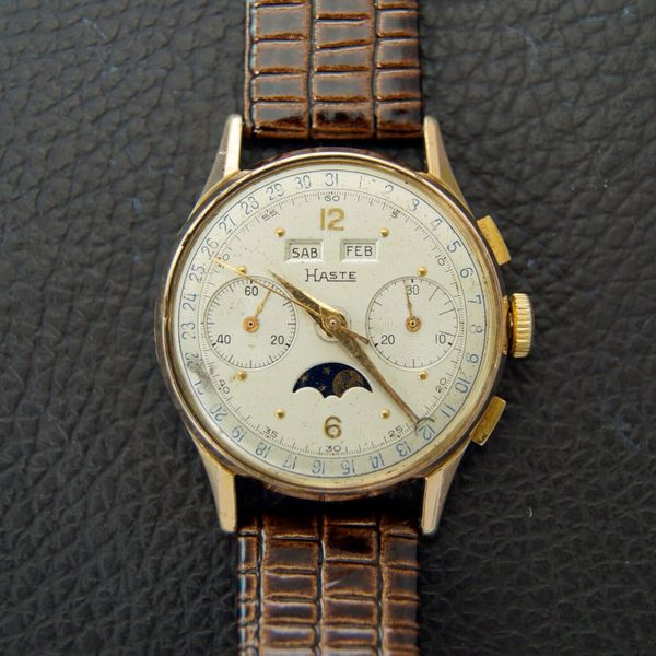 VINTAGE HASTE CHRONOGRAPH TRIPLE DATE & MOON PHASE VALJOUX 88 GOLD ...