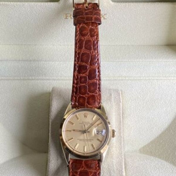 Rolex Date 15505 Mens 14K Gold Shell Watch Golden Dial Brown Strap Band ...