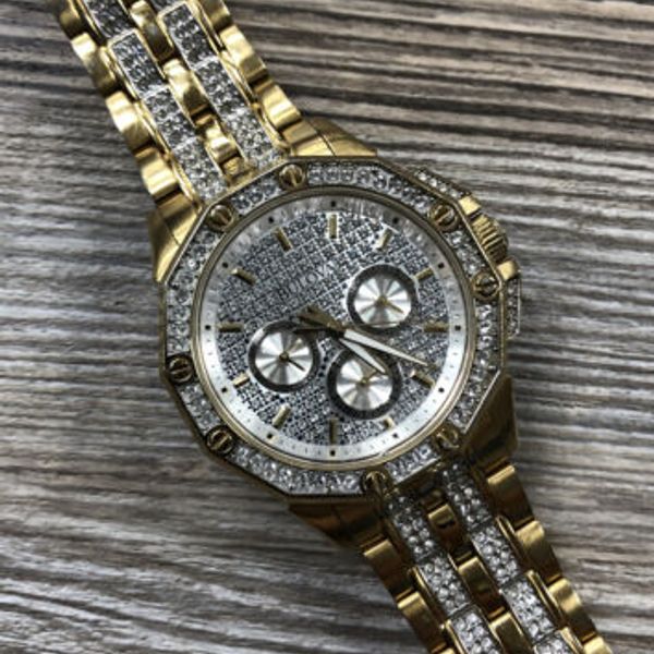 Bulova 98C126 Men's Gold Tone Pave' Dial Diamond Crystal Wrist Watch 41 ...