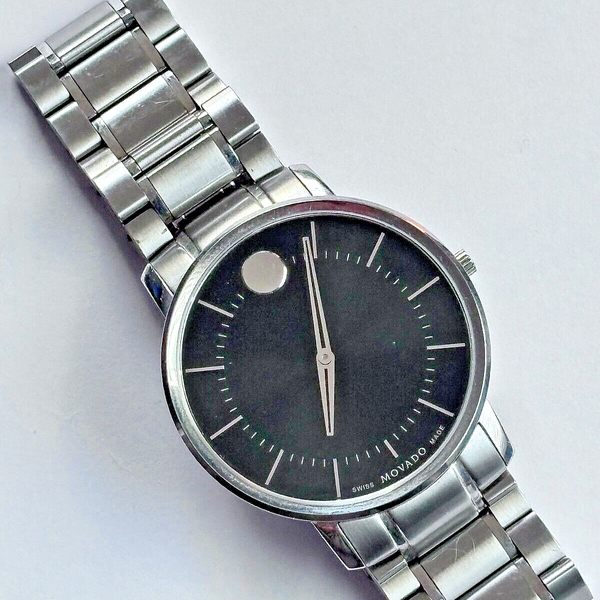 Movado Men's Watch Thin Black Dial Stainless Steel Parts or Repair. No ...