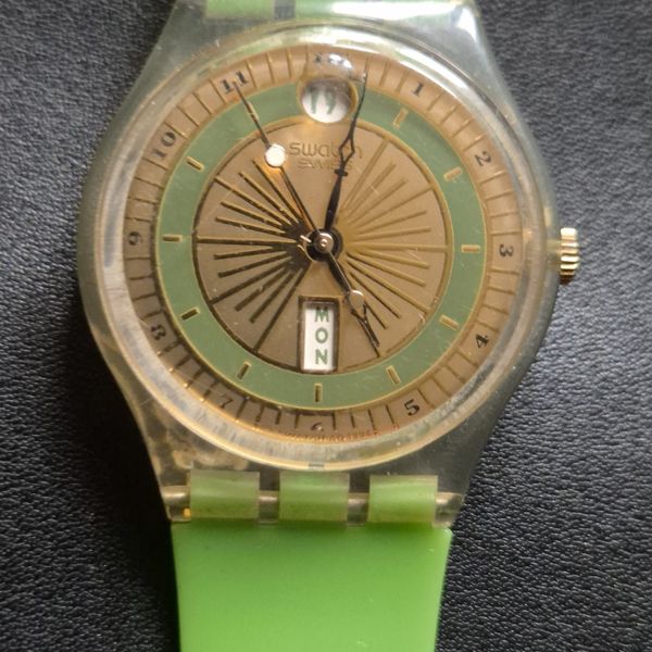 Immaculate Working Mens Swatch Day Date Gk 715 Green & Gold Watch ...