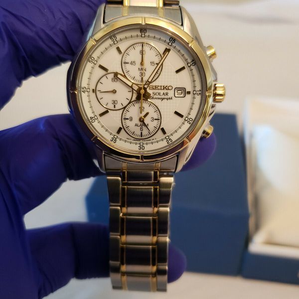 Seiko Solar Chronograph White Dial Two Tone Stainless Steel Men's Watch ...