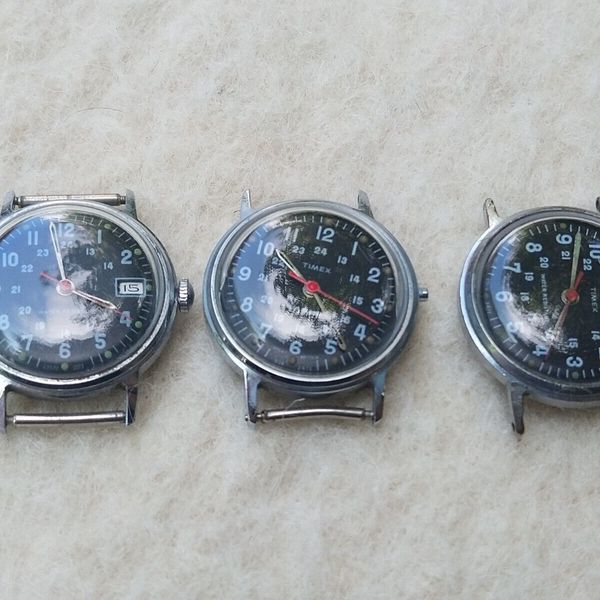 3 x vintage Timex Military Style watch movements for spare or repair ...