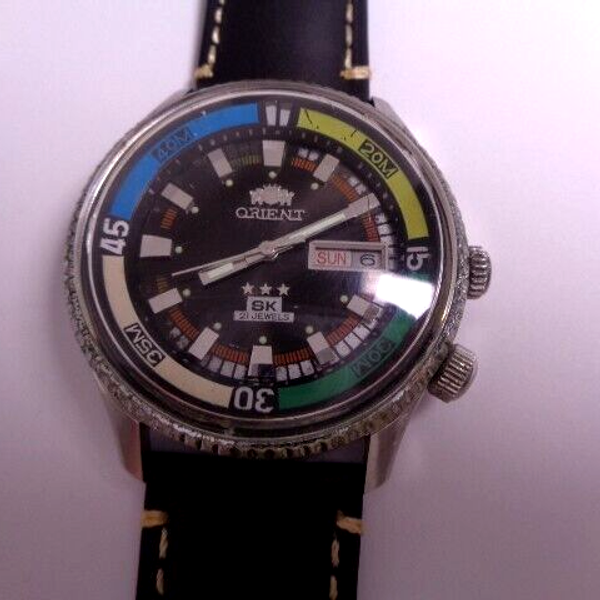 Orient Mens Watch SK Three Star Day & Date Automatic Black Dial Leather ...