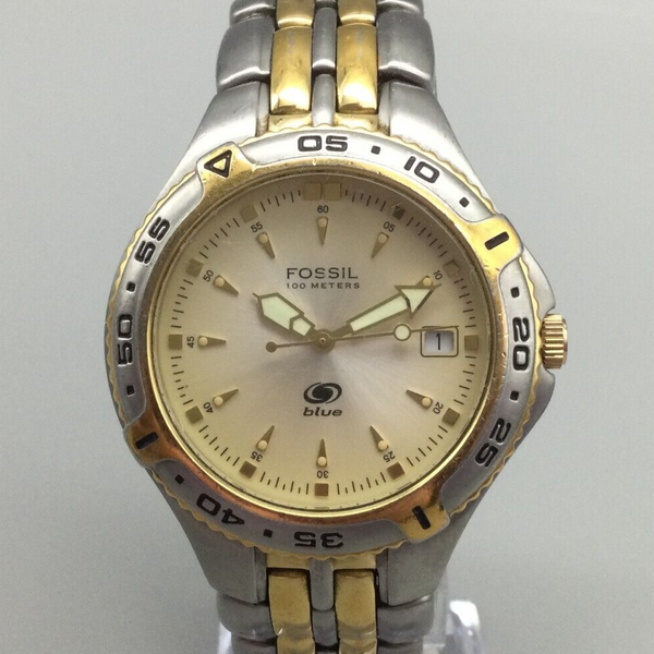 Fossil Blue Watch Men Silver Gold Two Tone Round Date 100M New Battery ...