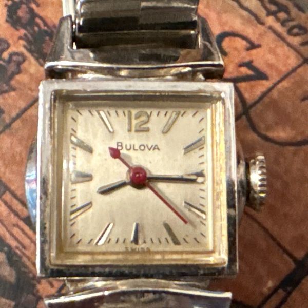 1940-1950s Bulova Watch Square Face Red Minute Hand Wind Up Swiss ...