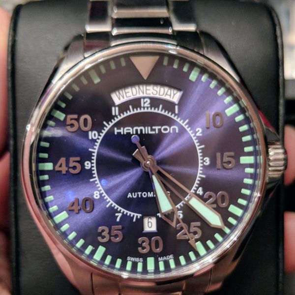 SOLD HAMILTON Khaki Aviation Pilot Day Date Automatic Blue Dial ...