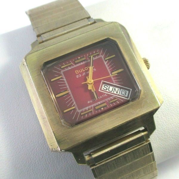 Vtg 1973 BULOVA AUTOMATIC 23J TV DIAL RARE RED/MAROON FACE DIAL WATCH ...