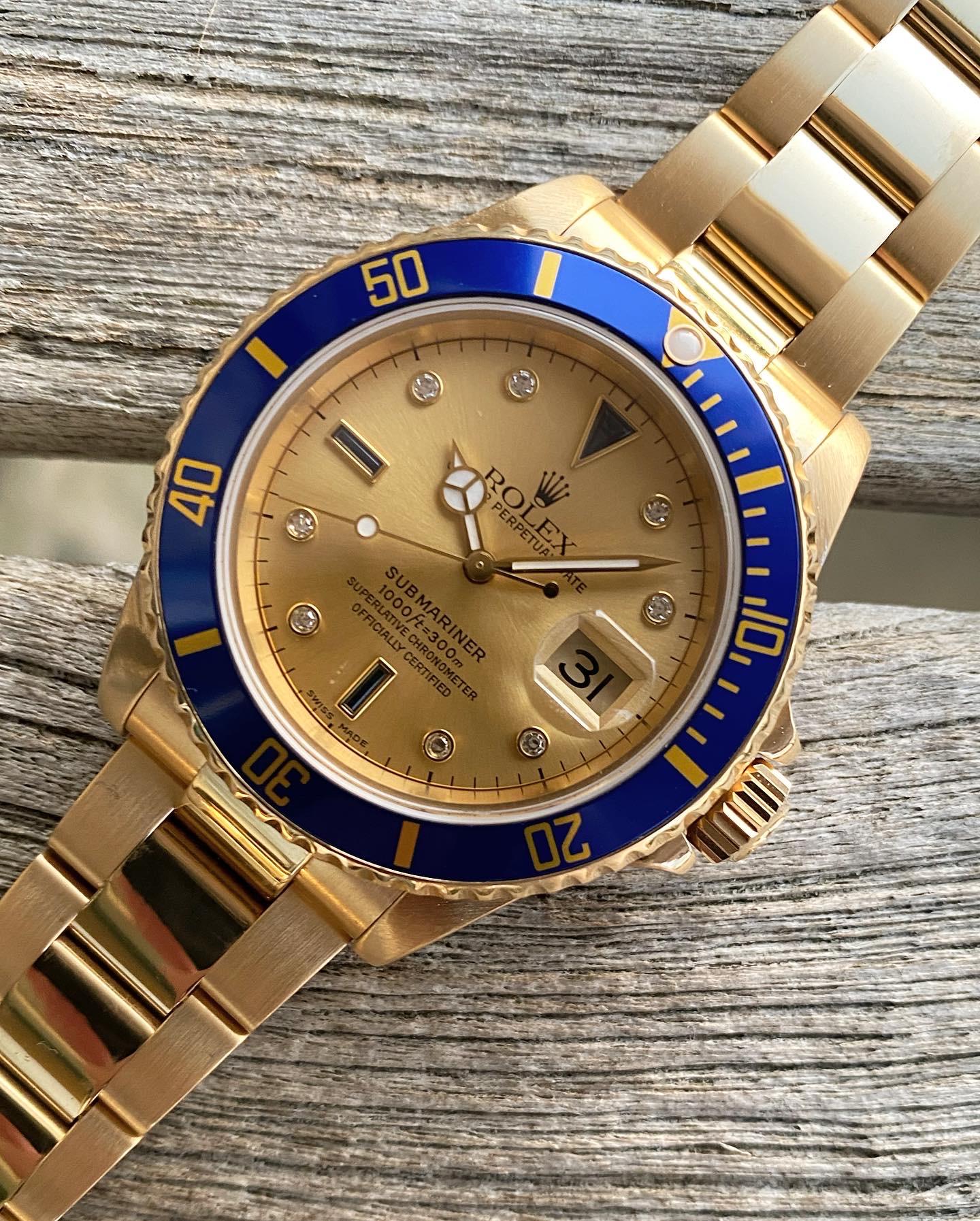 2004 Rolex 16618 Y Serial Submariner Date 18K YG Factory Serti Dial Box ...