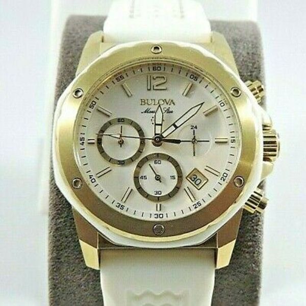 LADIES BULOVA MARINE STAR WHITE & GOLD TONE WATCH - 2 CHRONOS - DATE ...