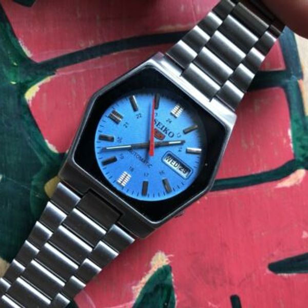 Vintage Seiko 5 Hexagon Automatic Bright Blue Face Day Date Watch ...