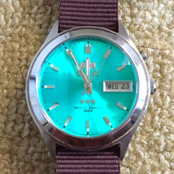 ORIENT 3 Star Automatic 21 Jewels Men's Watch Faceted Turquoise Dial ...