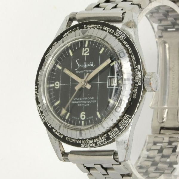 Mens Vintage Sheffield Diver 200ft World timer Swiss bezel serviced ...