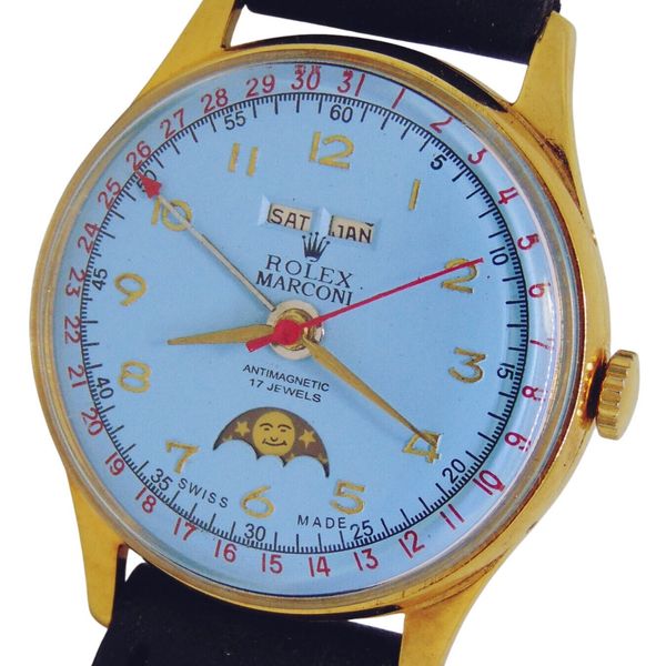 Vtg ROLEX Marconi triple date moon phase Tiffany Blue 18k gold plated ...