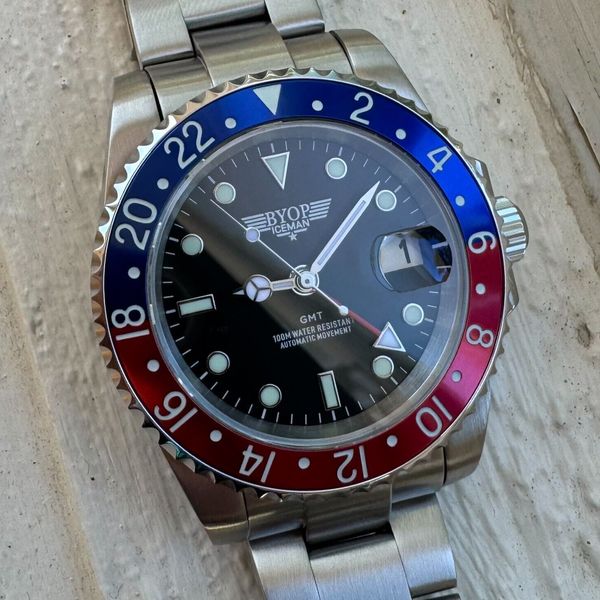BYOP Iceman GMT 120-click Pilot Watch Seiko Automatic AR Sapphire BGW9 ...