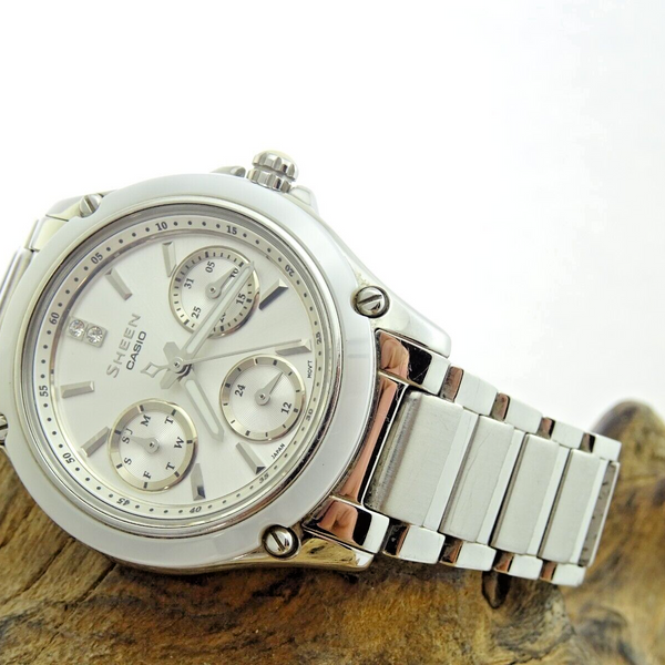 Casio Sheen Ladies 32mm White Ceramic Bezel Triple Calendar Watch SHE ...