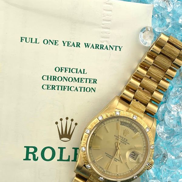 1986 Rolex Day-Date 18108 Champagne Dial + OEM Diamond Bezel 18k Bark B ...